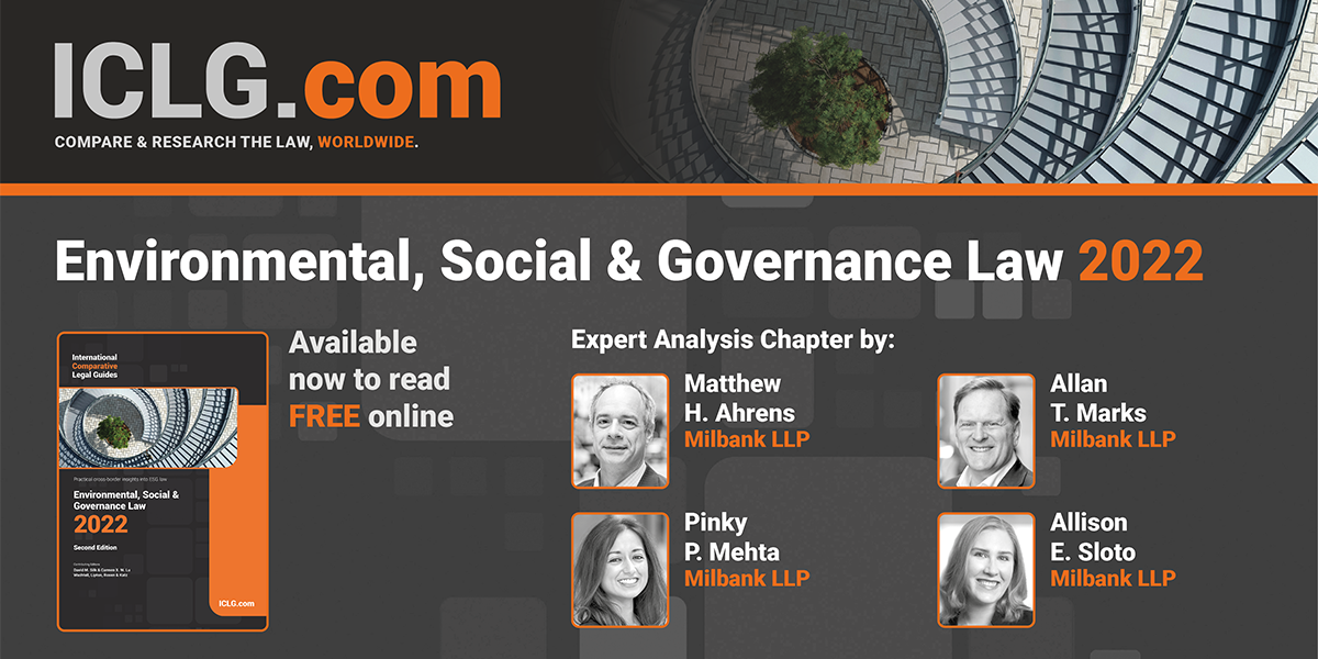 Milbank Attorneys Co-Author Chapter on ESG Considerations in ICLG ...